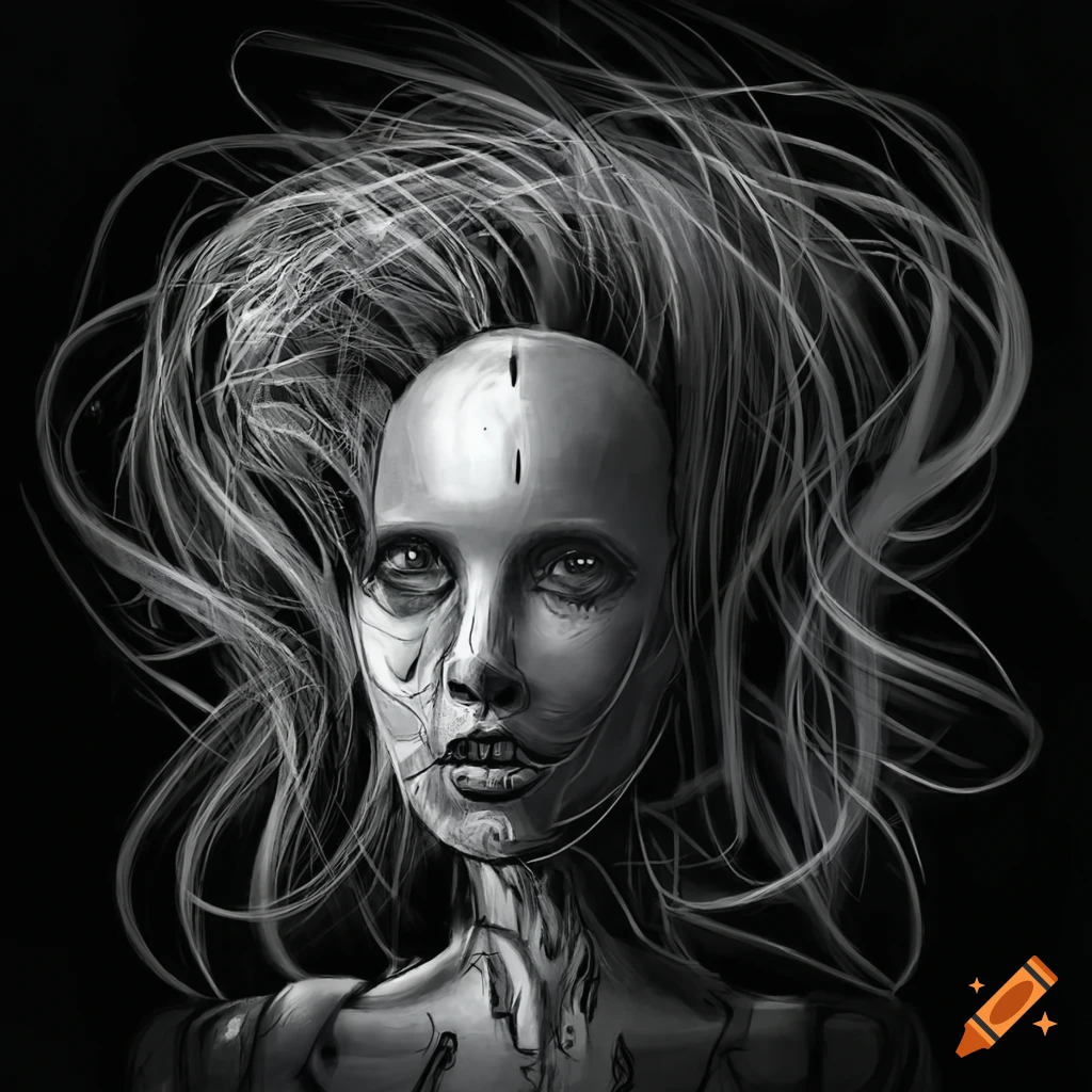 Futuristic detailed robot with flowing hair in black and white charcoal ...