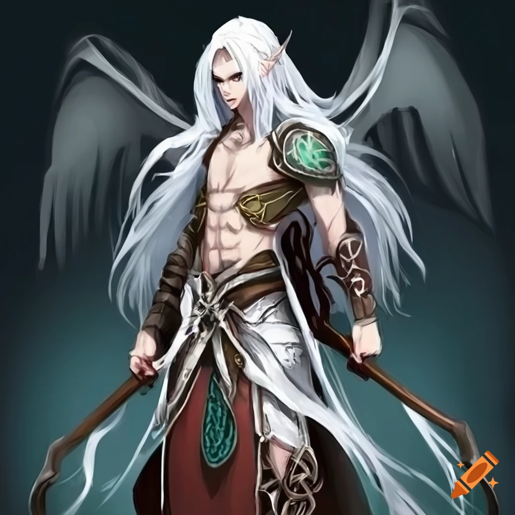 Anime celtic male elf warrior with white hair and long ears on Craiyon