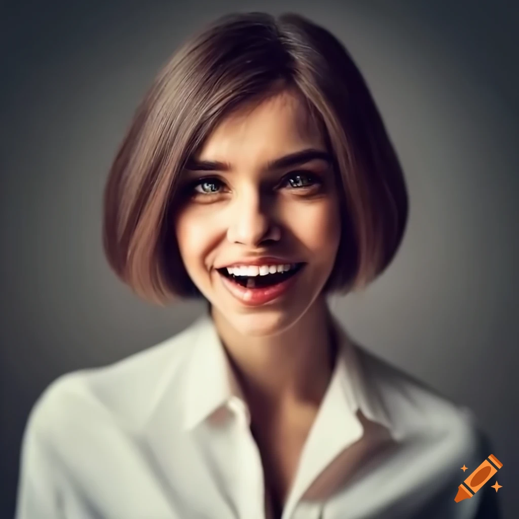 Smiling woman with a chin-length bob in a white button-up shirt on Craiyon
