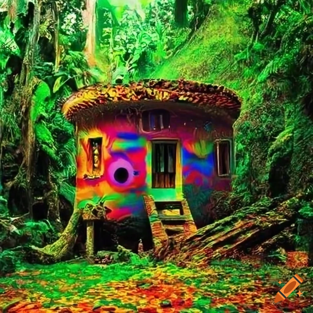 Colorful psychedelic houses in the rainforest on Craiyon