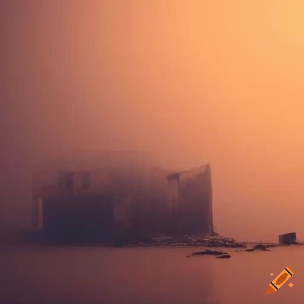 Crumbling abandoned building sinking into ocean in a pale orange fog on ...