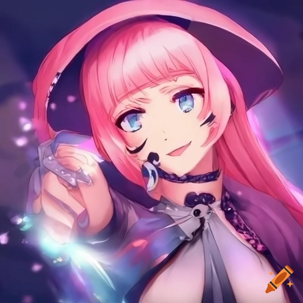 Colorful anime style video game character with pink hair on Craiyon