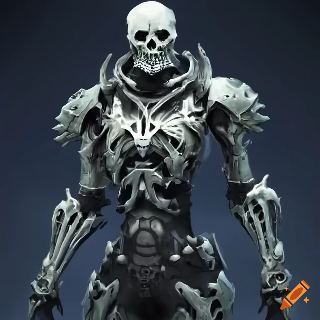 Futuristic undead skeleton armor with glowing core for a video game on ...