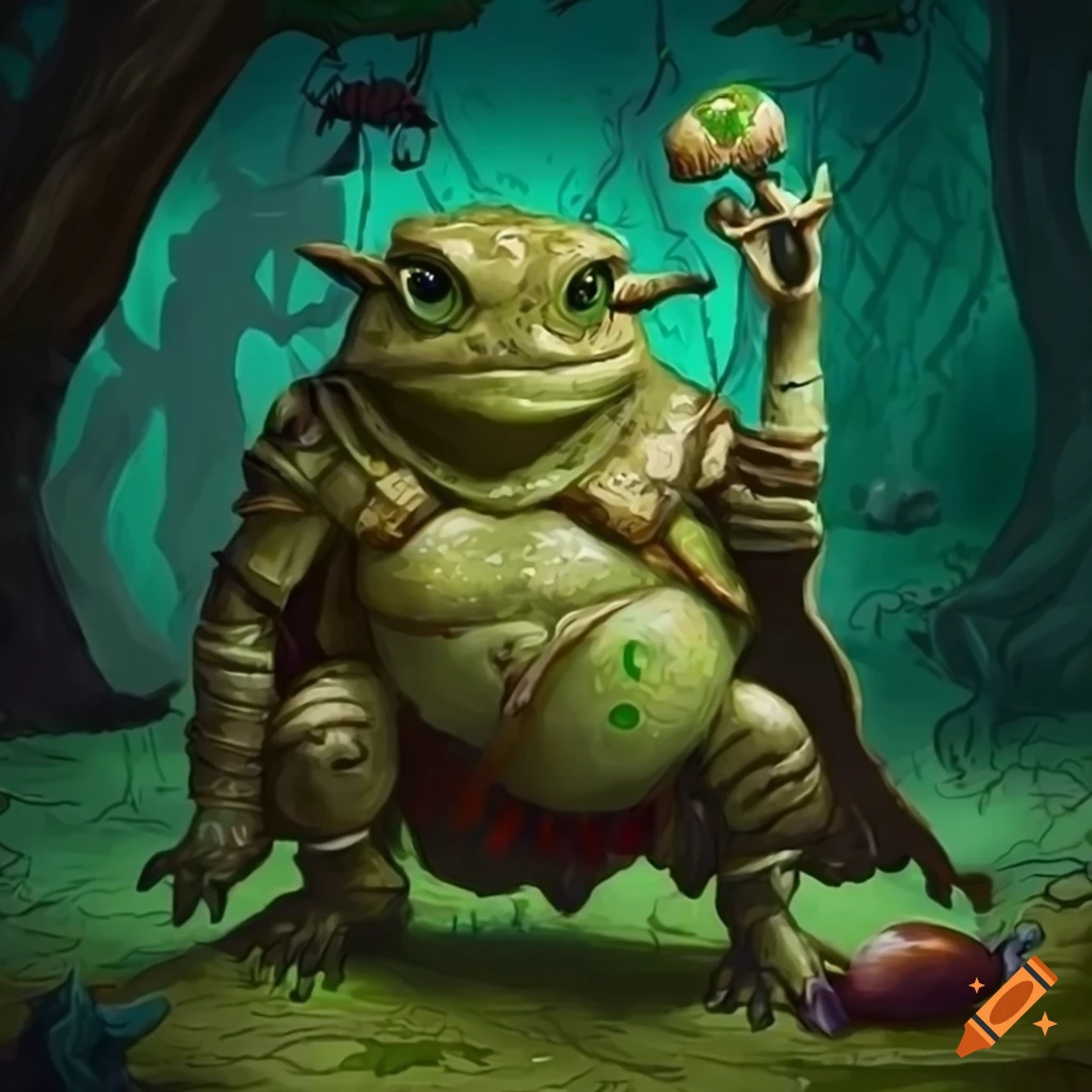 Humanoid toad druid with cape surrounded by frogs and mushrooms in D&D ...