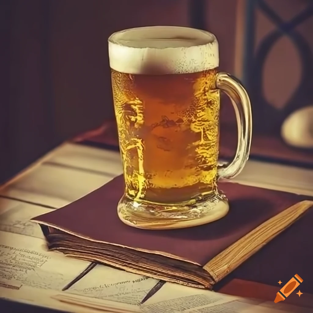Old book with a beer mug resting on its pages on Craiyon
