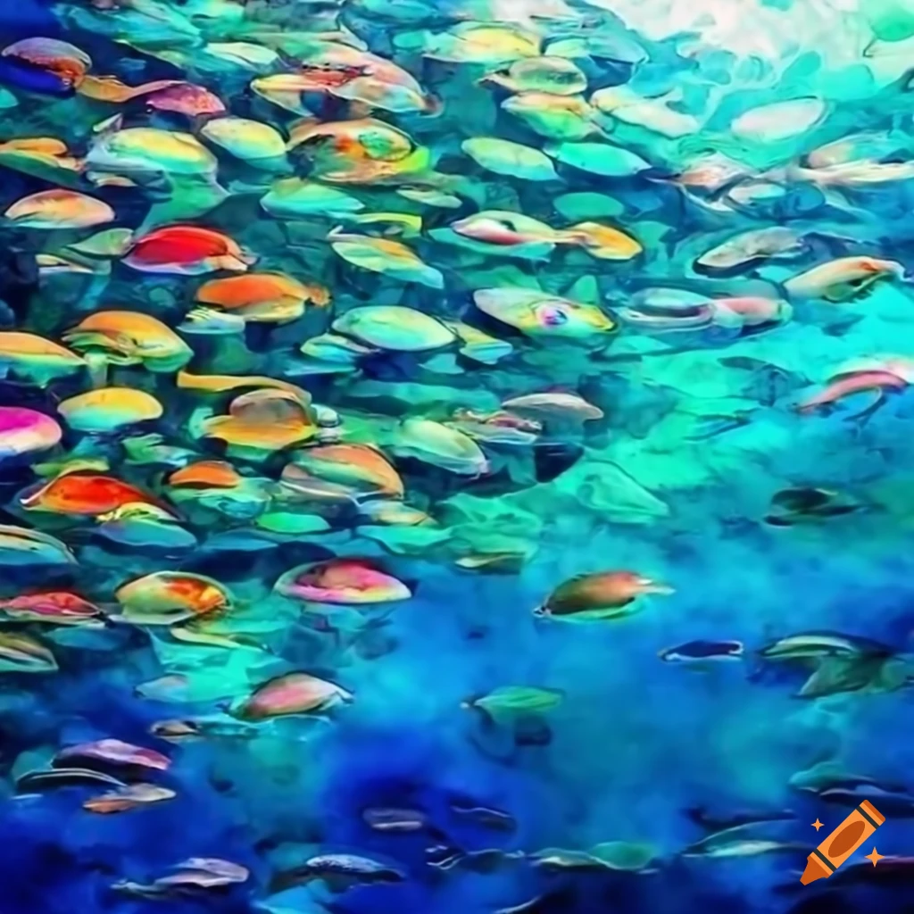 Aerial view of vibrant fish swimming in crystal clear waters on Craiyon