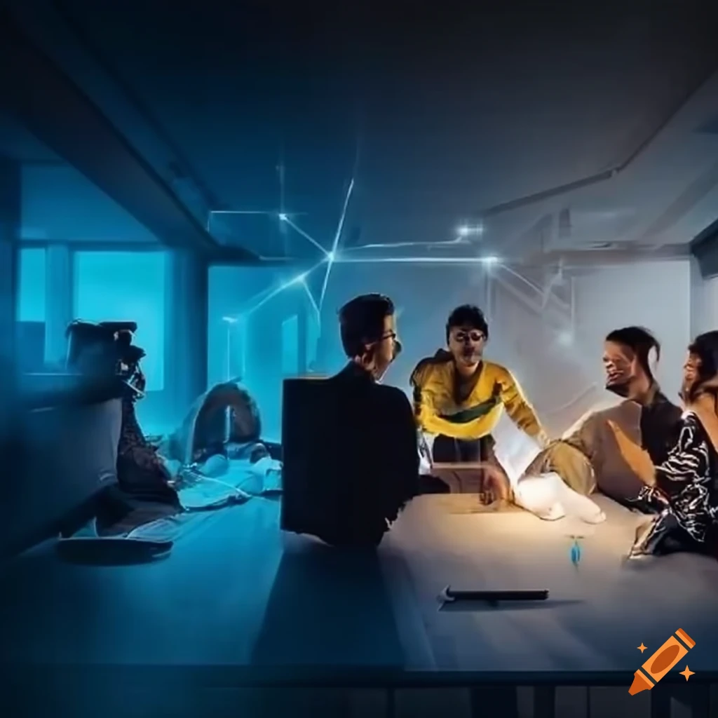 Coworkers collaborating on a project surrounded by dynamic designs on ...