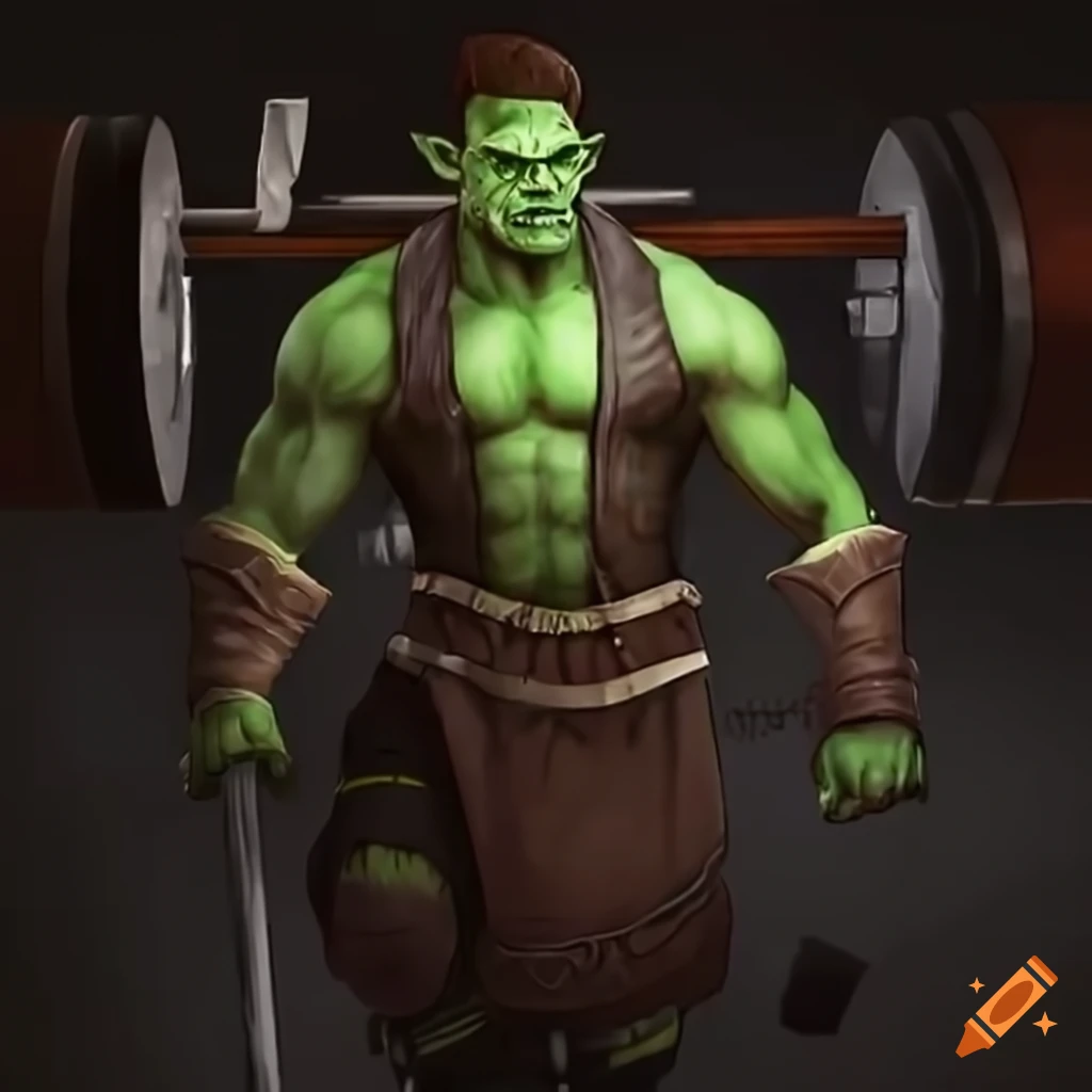 Strong half-orc performing a heavy deadlift at the gym on Craiyon