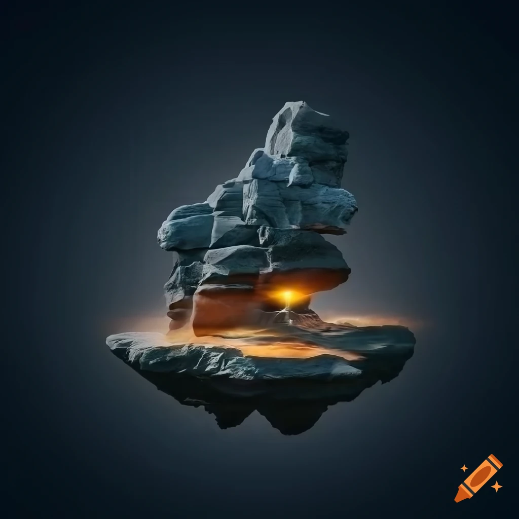 Intricately designed floating rock formation with golden hour lighting ...