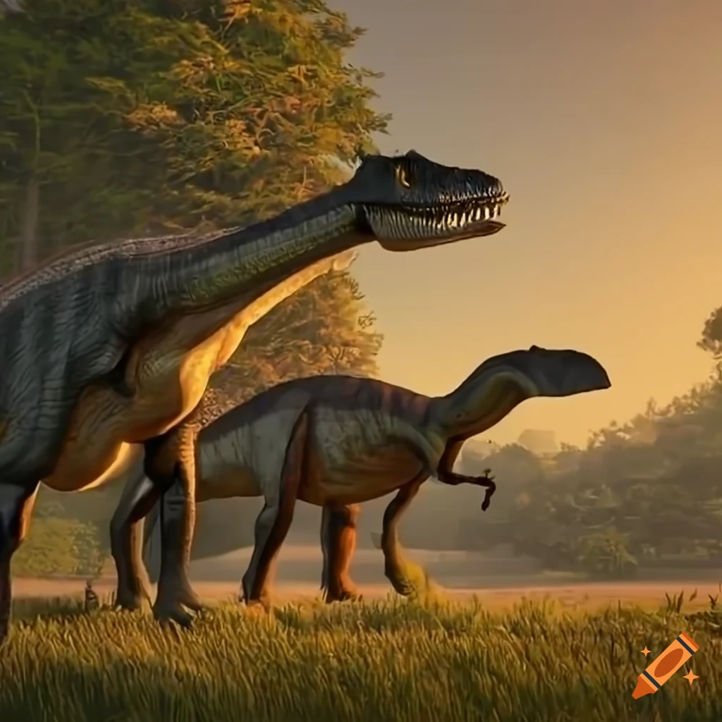 Allosaurus fighting a stegosaurus in a natural prehistoric environment ...
