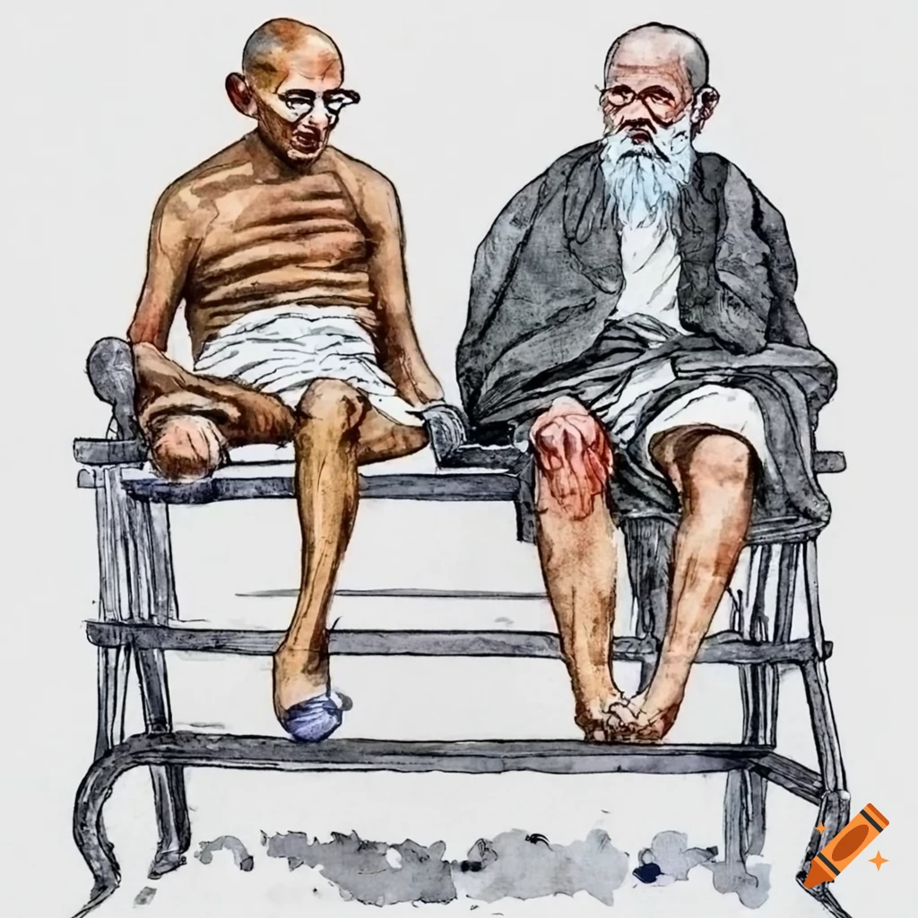 Illustration of mahatma gandhi and leo tolstoy sitting on a bench on ...
