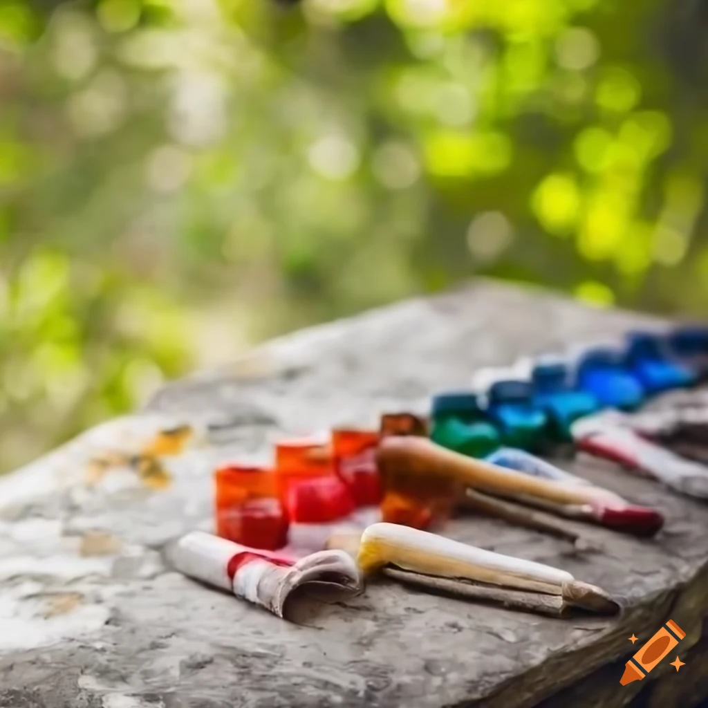 Open tubes of gouache paint on rustic stone table in nature on Craiyon