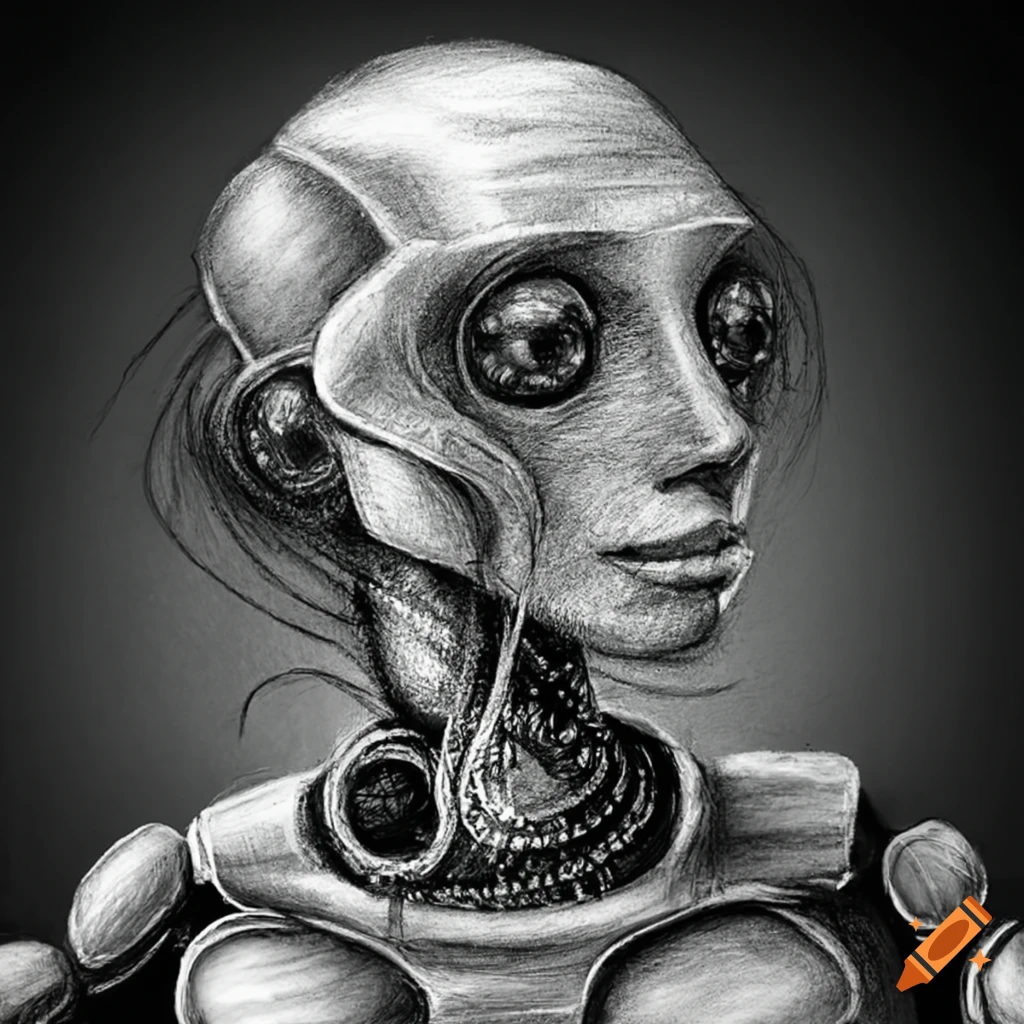Charcoal drawn robot with unique hair style on Craiyon