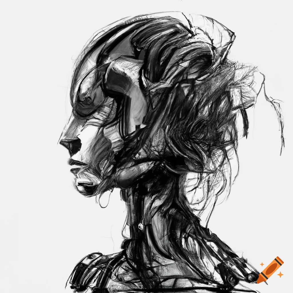Futuristic detailed robot with flowing hair in black and white charcoal ...