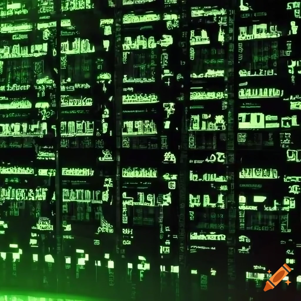 Close-up of wall-mounted monitors displaying matrix or hacker-style ...