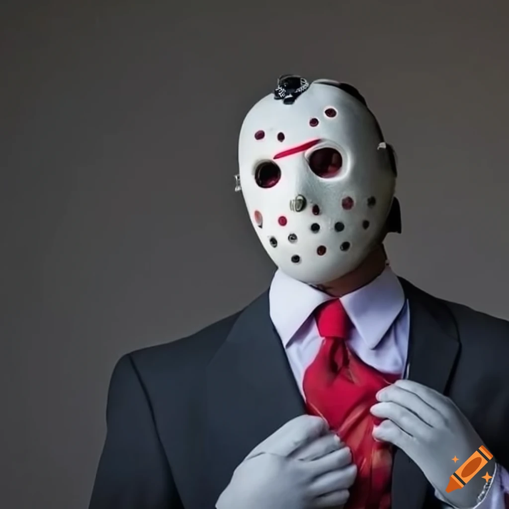 Agent in white shirt, red tie and mask similar to jason voorhees on Craiyon