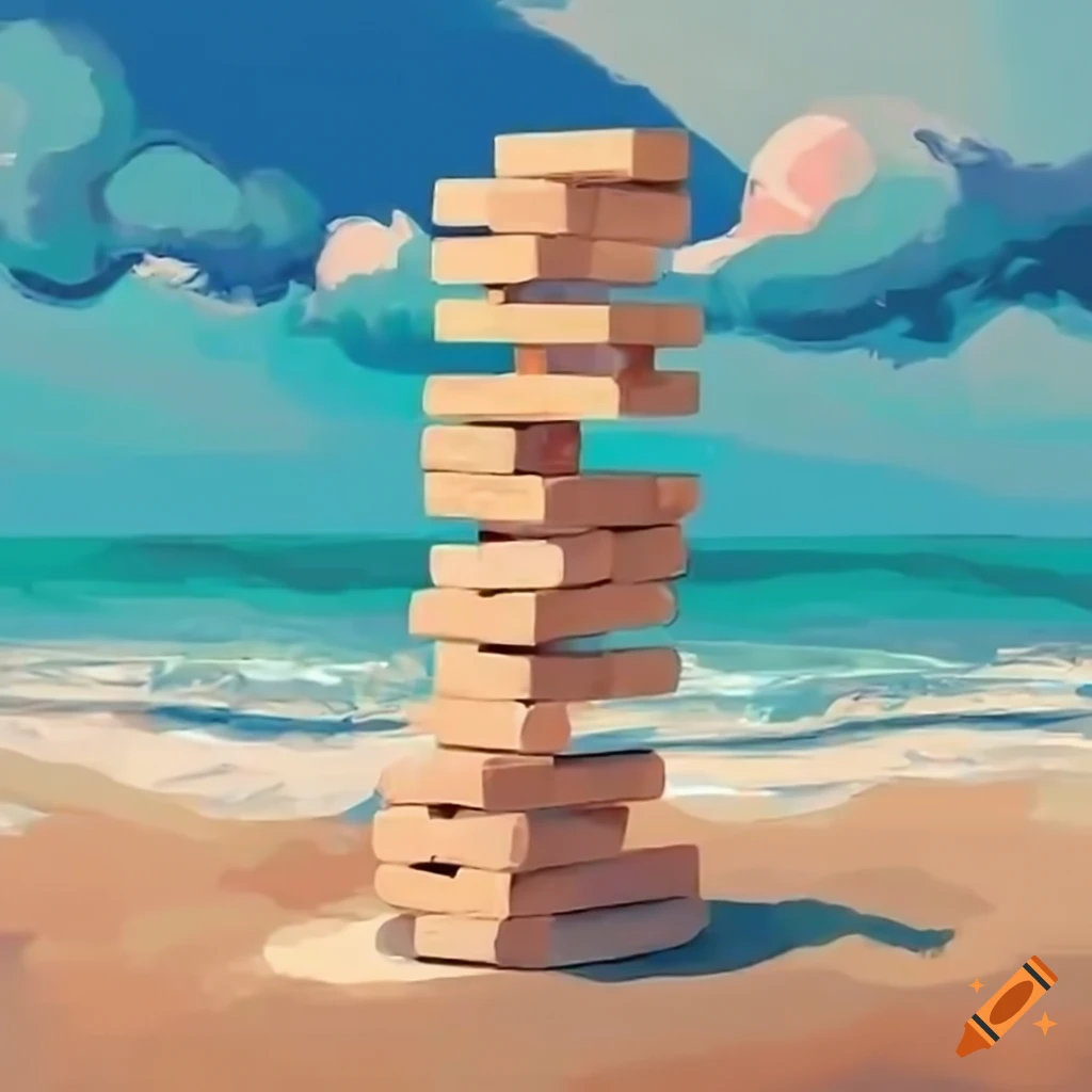 Girls' hands playing giant jenga on an idyllic beach with sun and ...