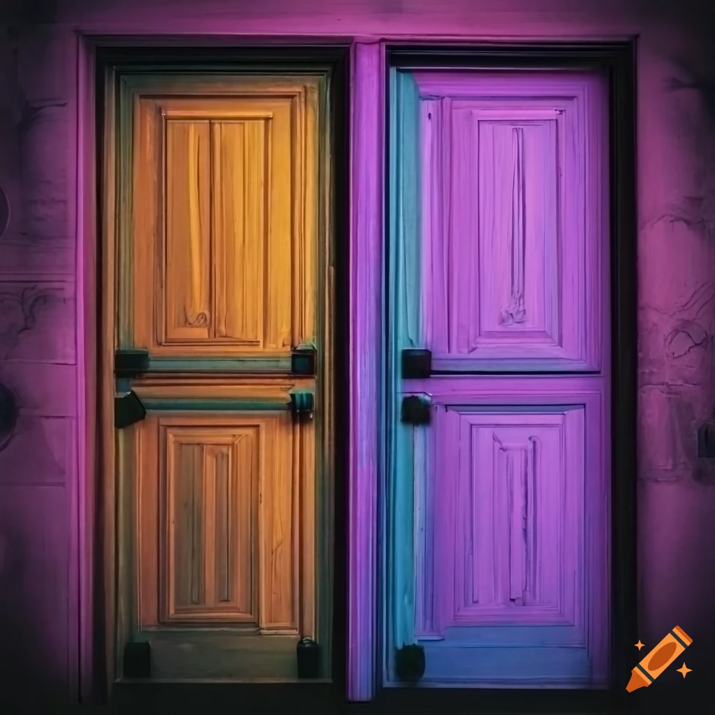 Three closed colored doors in a dark room on Craiyon