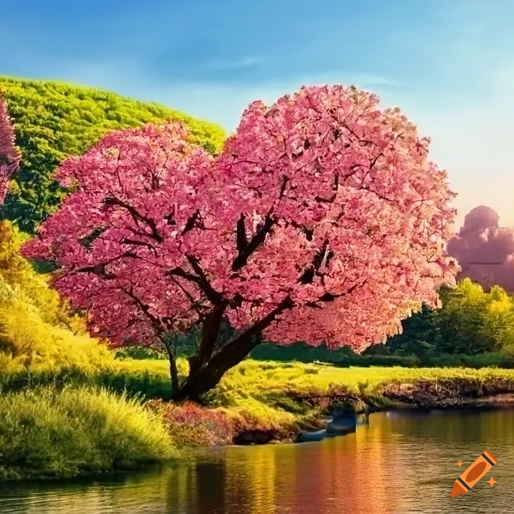 River with beautiful cherry trees along the banks on Craiyon