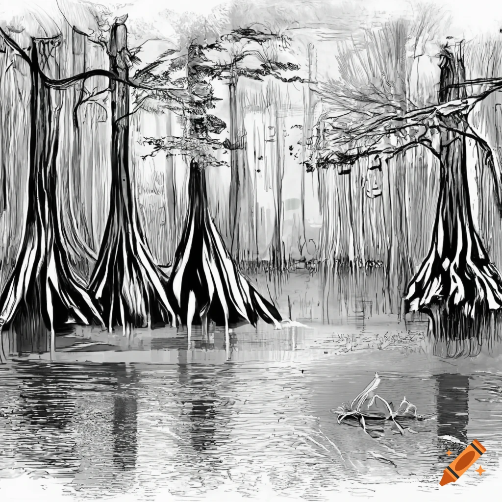 Serene black and white line art landscape with bald cypress trees in ...