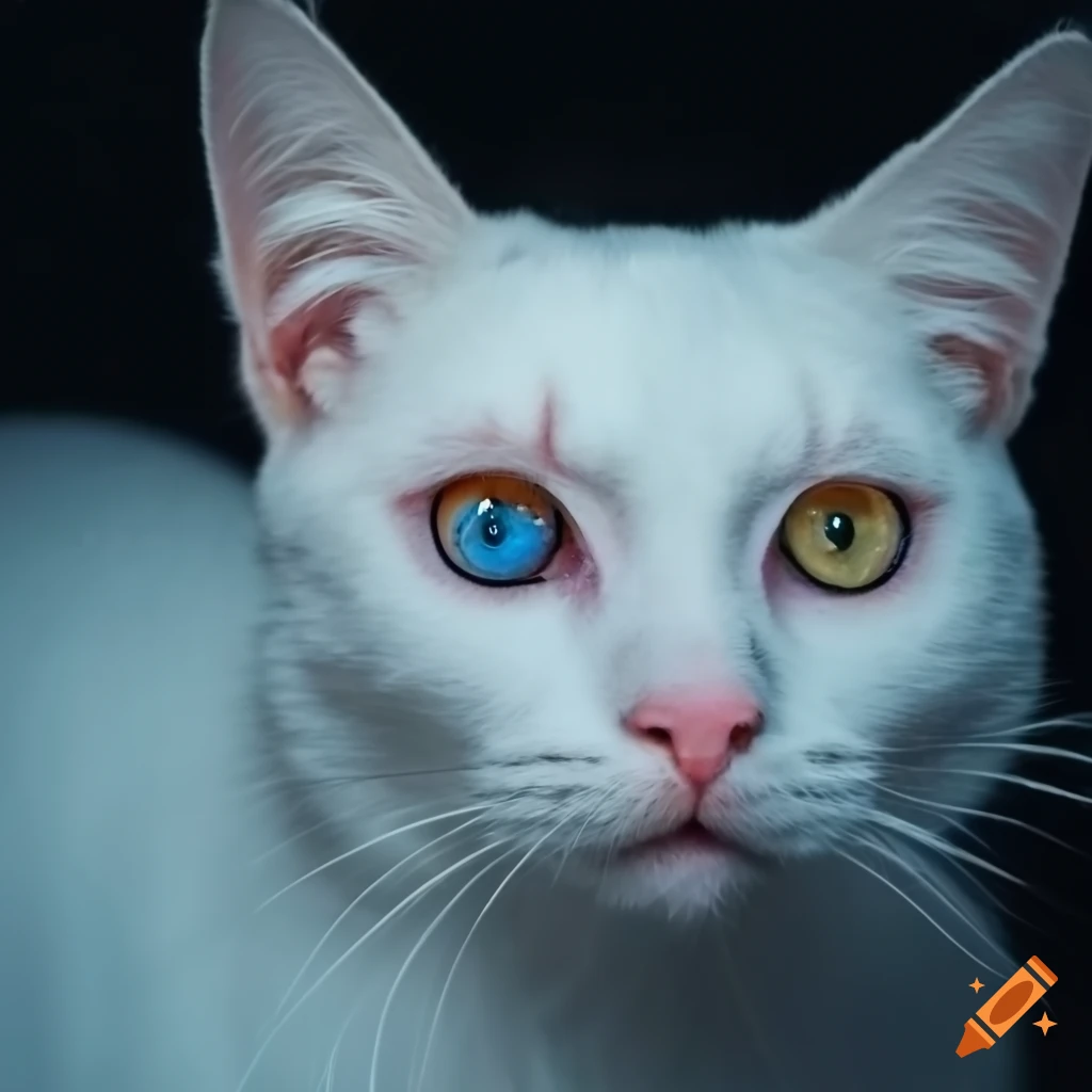 White cat with heterochromia facing the camera on Craiyon