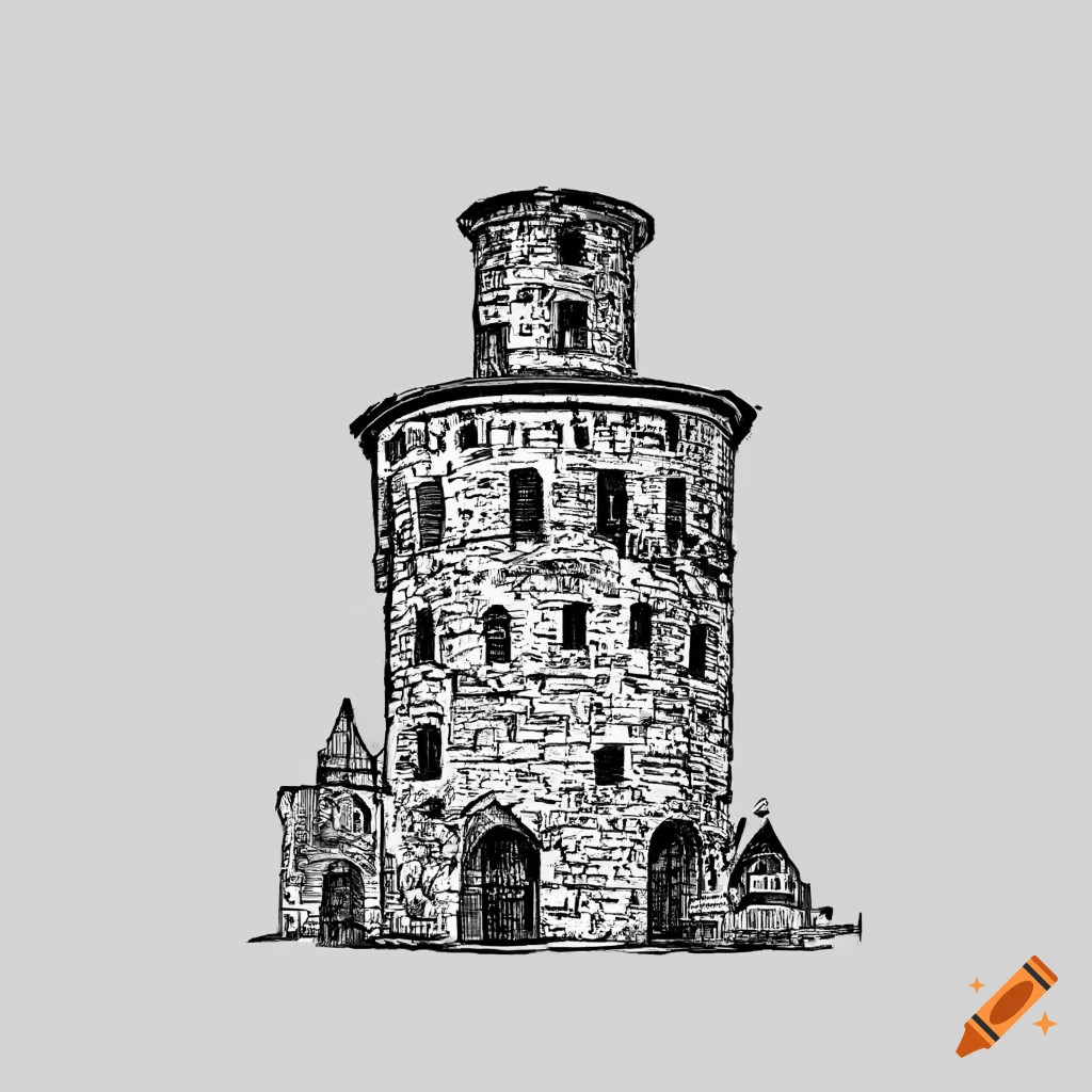 Illustration of Medieval Tower surrounded by village houses in pen and ...