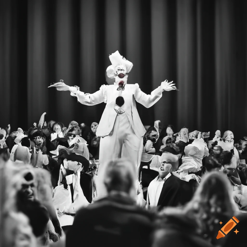 White clown performing on a stage in front of a large audience on Craiyon
