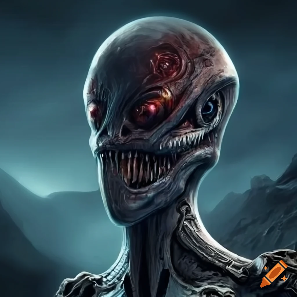 Alien spaceship in asymmetrical hellish space on Craiyon