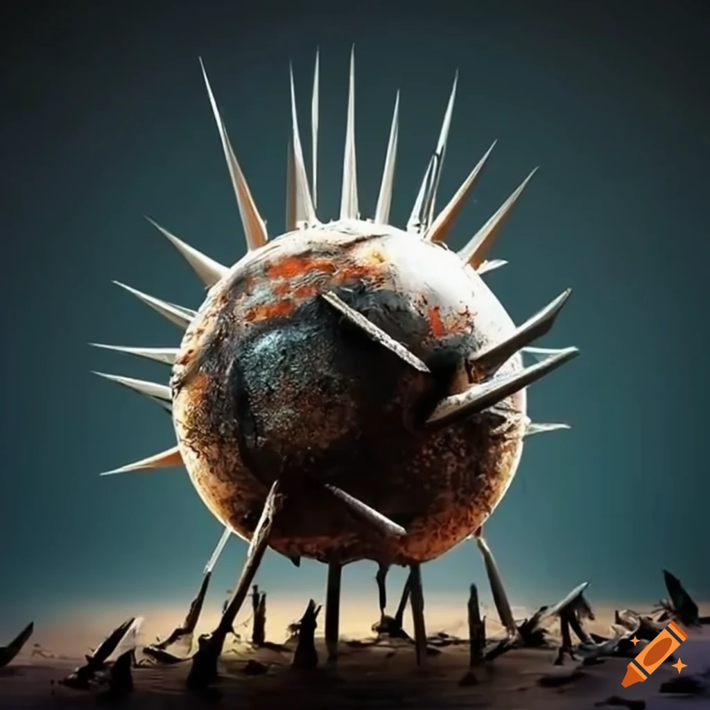 Post-apocalyptic metal ball with spikes causing destruction on Craiyon