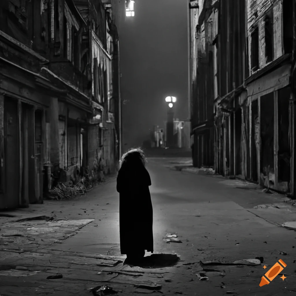 Mournful woman walking in abandoned streets at night on Craiyon
