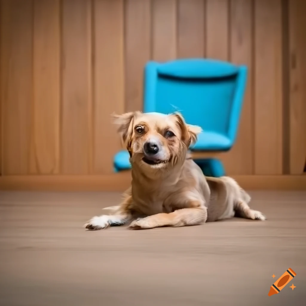 Smiling brown dog resting on a blue chair in a room with wood panel ...
