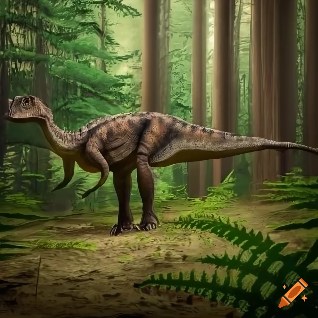 Detailed Hadrosaurus dinosaurs in a cedar forest clearing on Craiyon