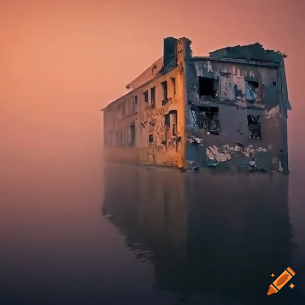 Close-up of abandoned building sinking into ocean in a pale orange fog ...