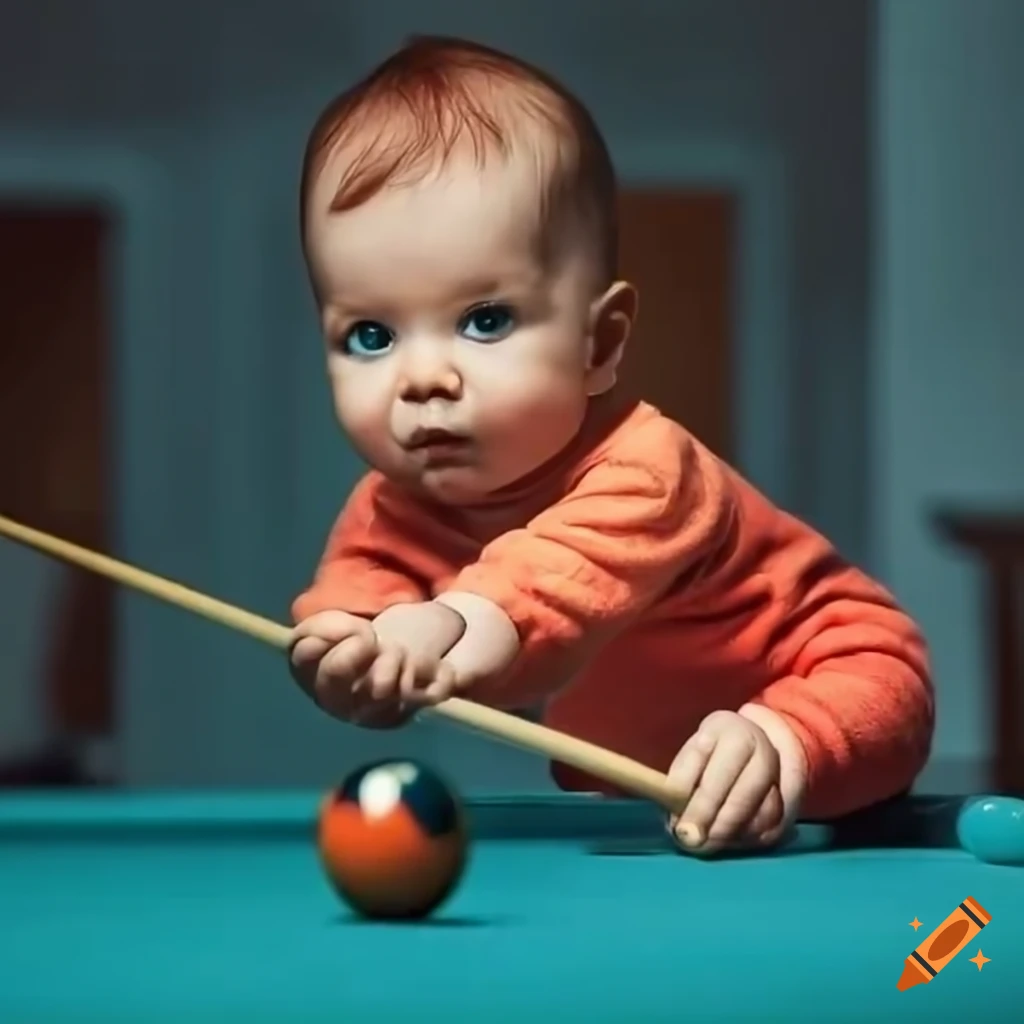 Infant playing billiards in a cozy home on Craiyon