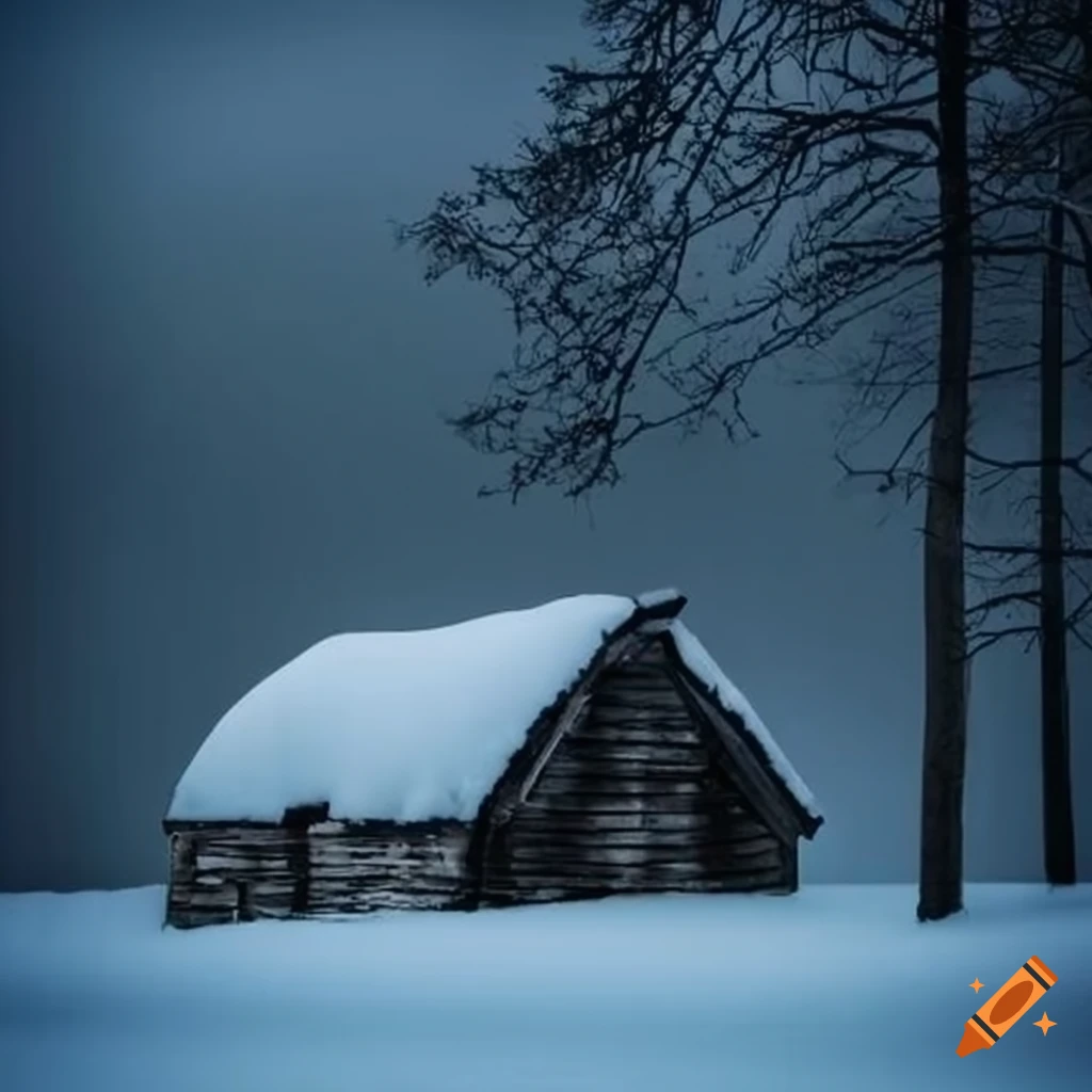 Snow-covered woodworker's hut in a dark setting on Craiyon