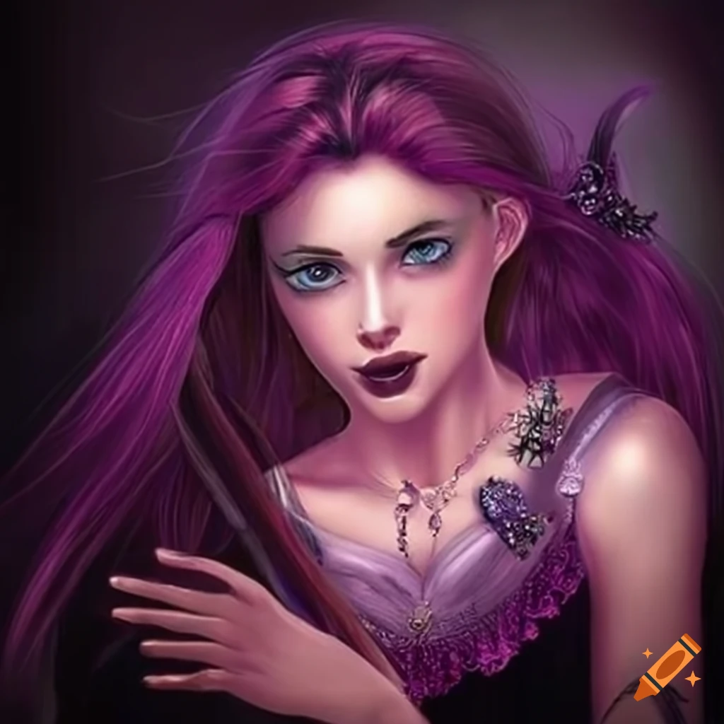 Beautiful and powerful elf witch with red hair, purple eyes, and a ...