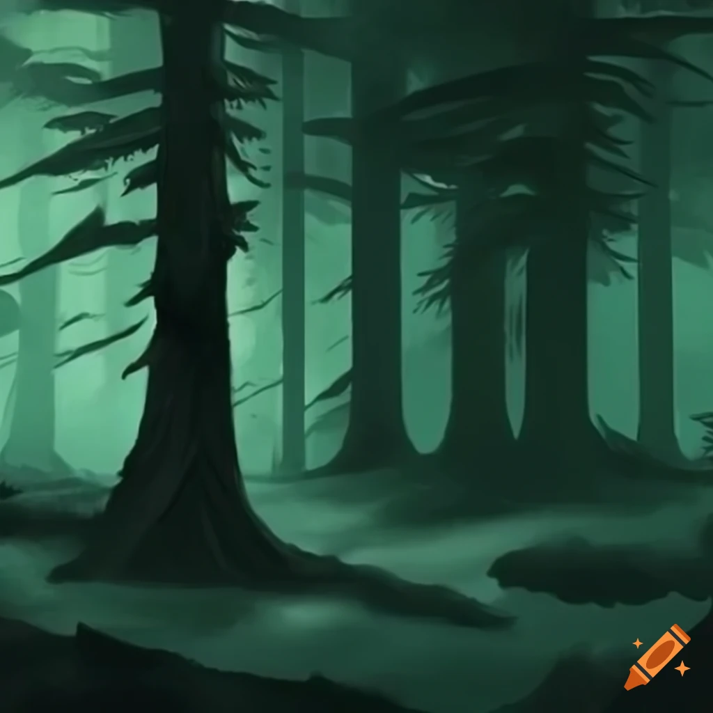Shadowy forested landscape in black and green tones on Craiyon
