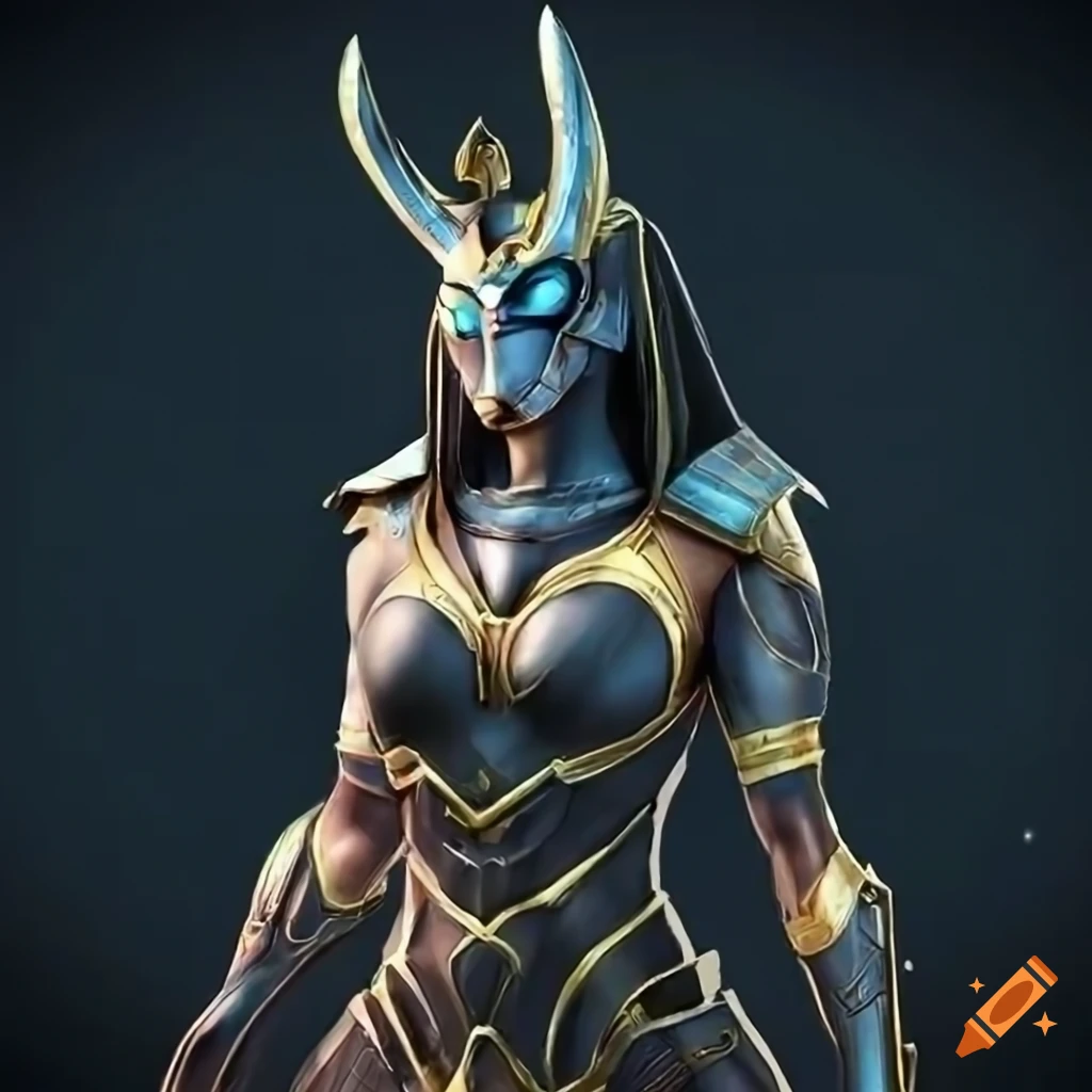 Futuristic depiction of Anubis in female armor for video game on Craiyon