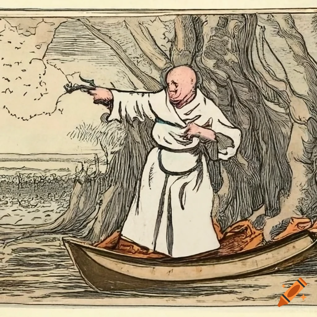 Bald friar in white robes with a flamethrower navigating through a ...