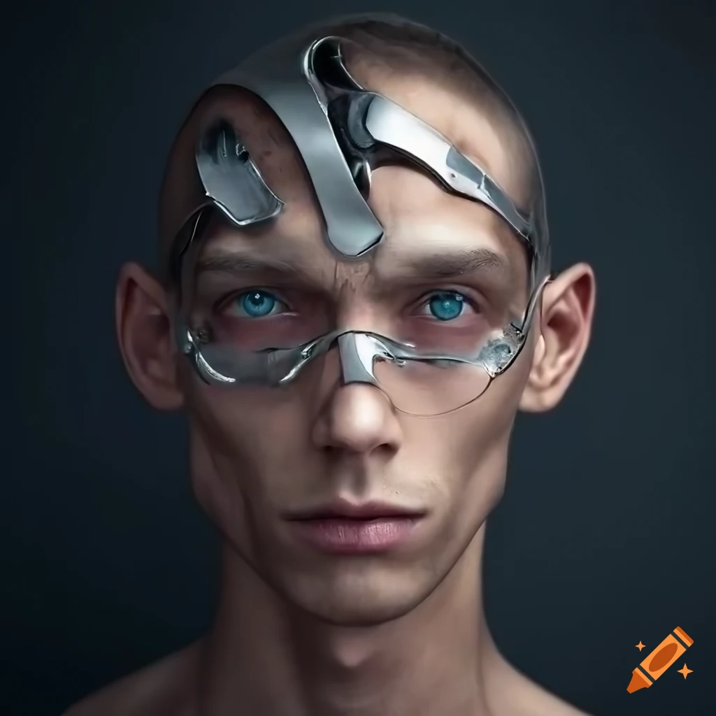 Portrait of a handsome male cyborg with steel and chrome flesh on Craiyon