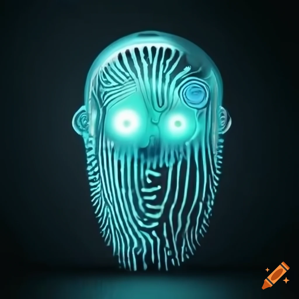 Transparent robot with crazy eyes and teeth, featuring a hole and ...