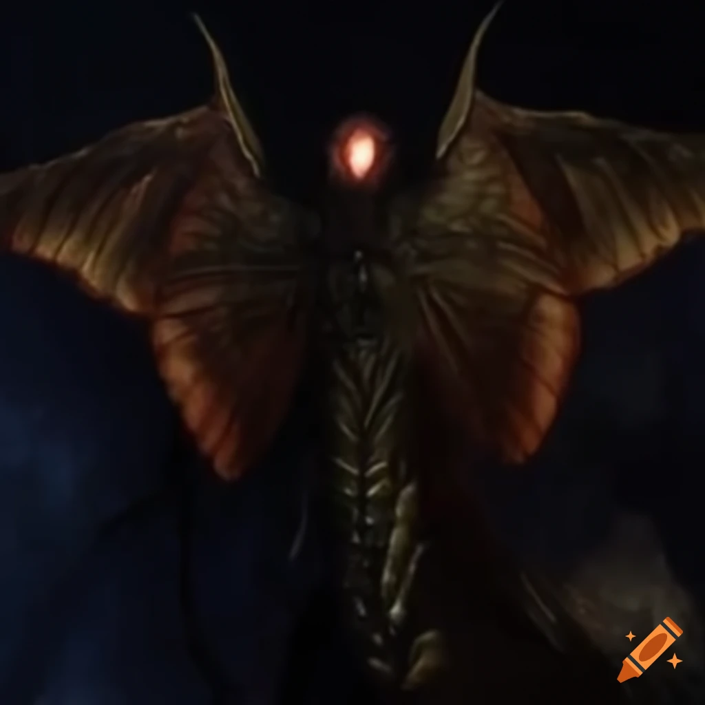 Illustration of the mothman, a winged humanoid with glowing red eyes on Craiyon