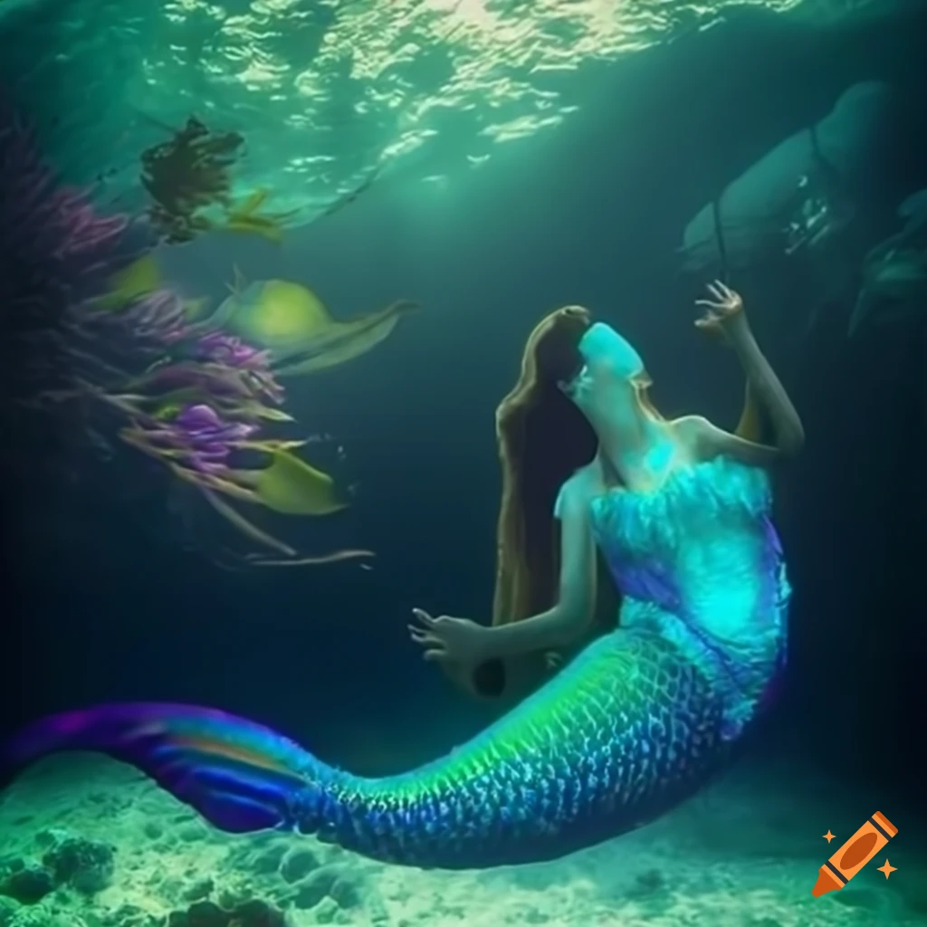 Two mermaid goddesses in an enchanting realm with iridescent coral ...