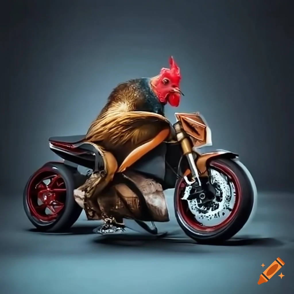 Realistic chicken riding a motorcycle on Craiyon