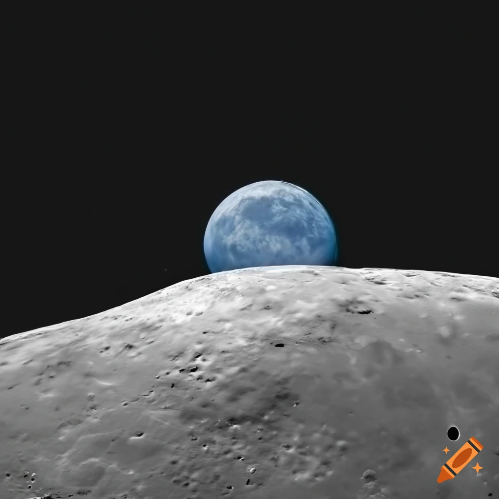 Distant blue planet viewed from a grey satellite moon on a pitch black ...