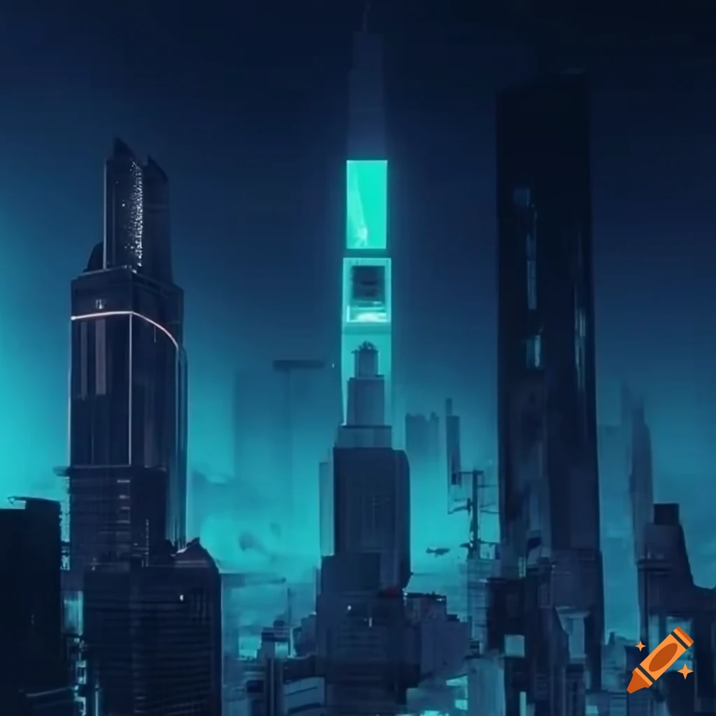 Gritty futuristic city with towering skyscrapers and neon lights on Craiyon
