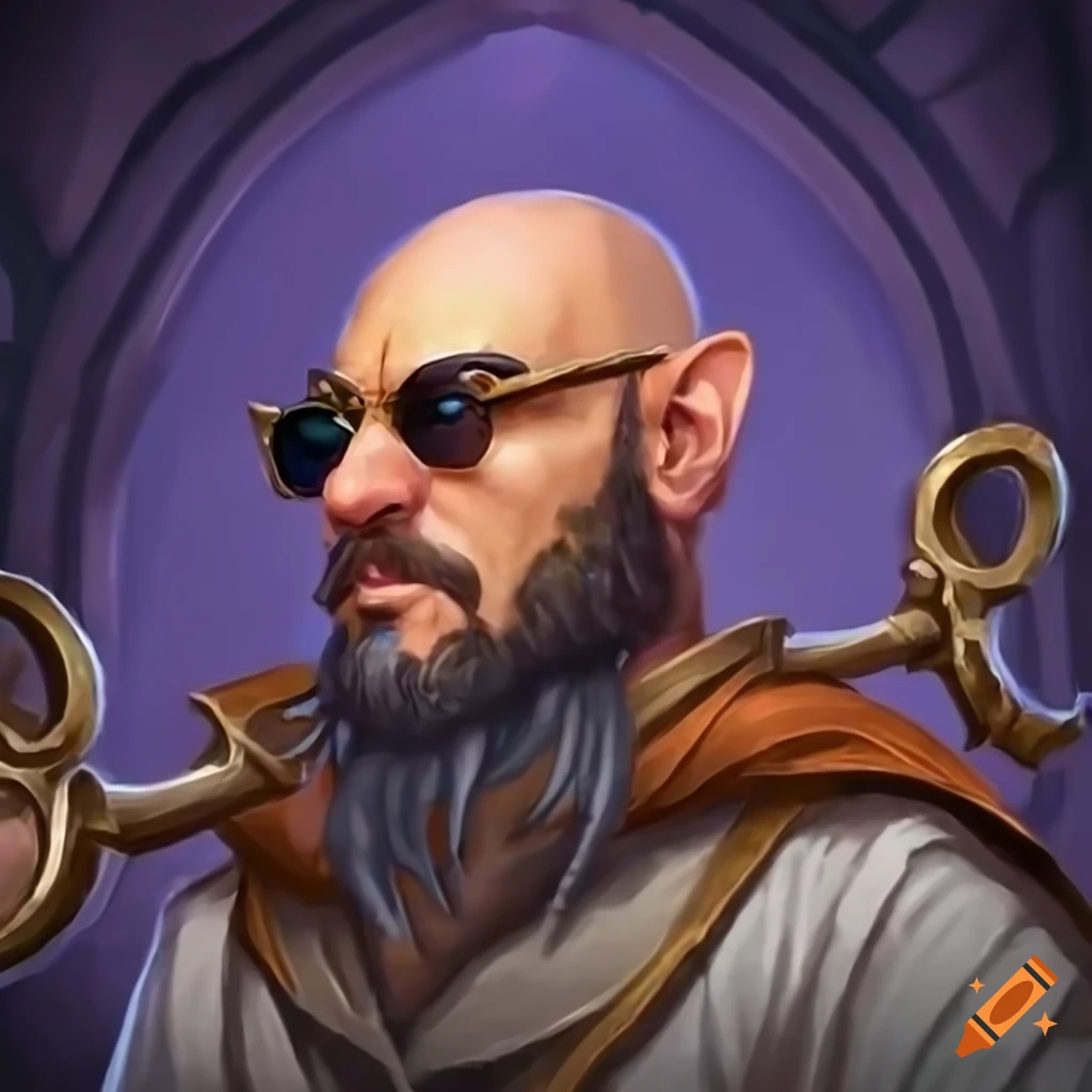 Bald male scholar with circle beard and sunglasses in hearthstone style ...