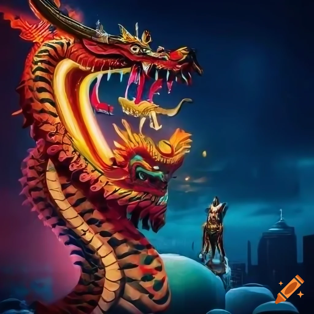 Close up of a dragon and a cat on a float by Miao Fu, with shining ...