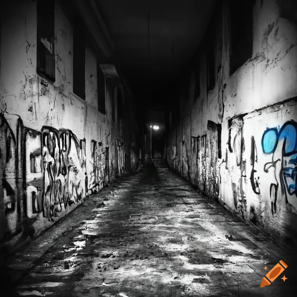 Liminal infinite zoom alleyway with dark graffiti on Craiyon