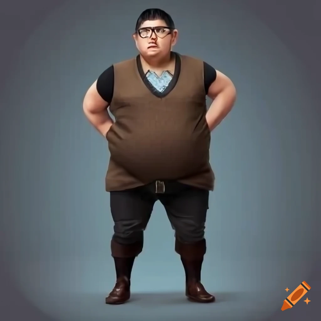 Overweight young male halfling in office attire standing in realistic ...